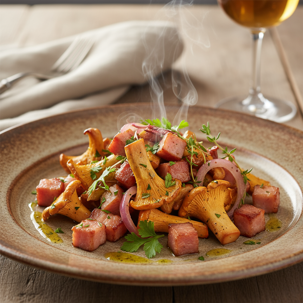 Stilvolle Pfifferlinge Mit Speck Zwiebeln Und Sahne Fotos